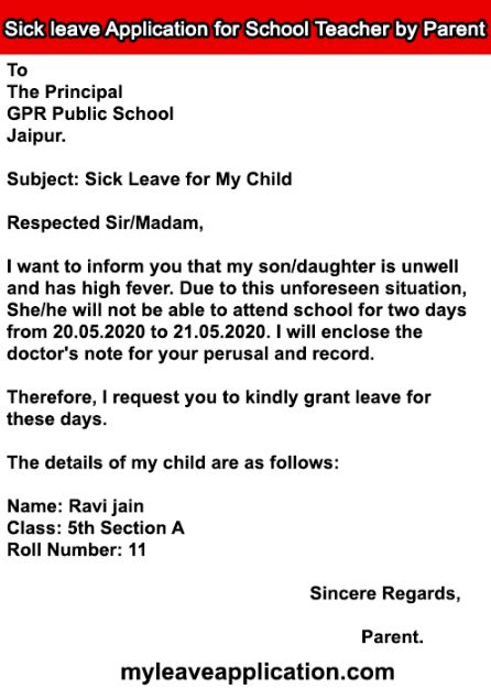 4 Sick Leave Application For School Teacher By Parent